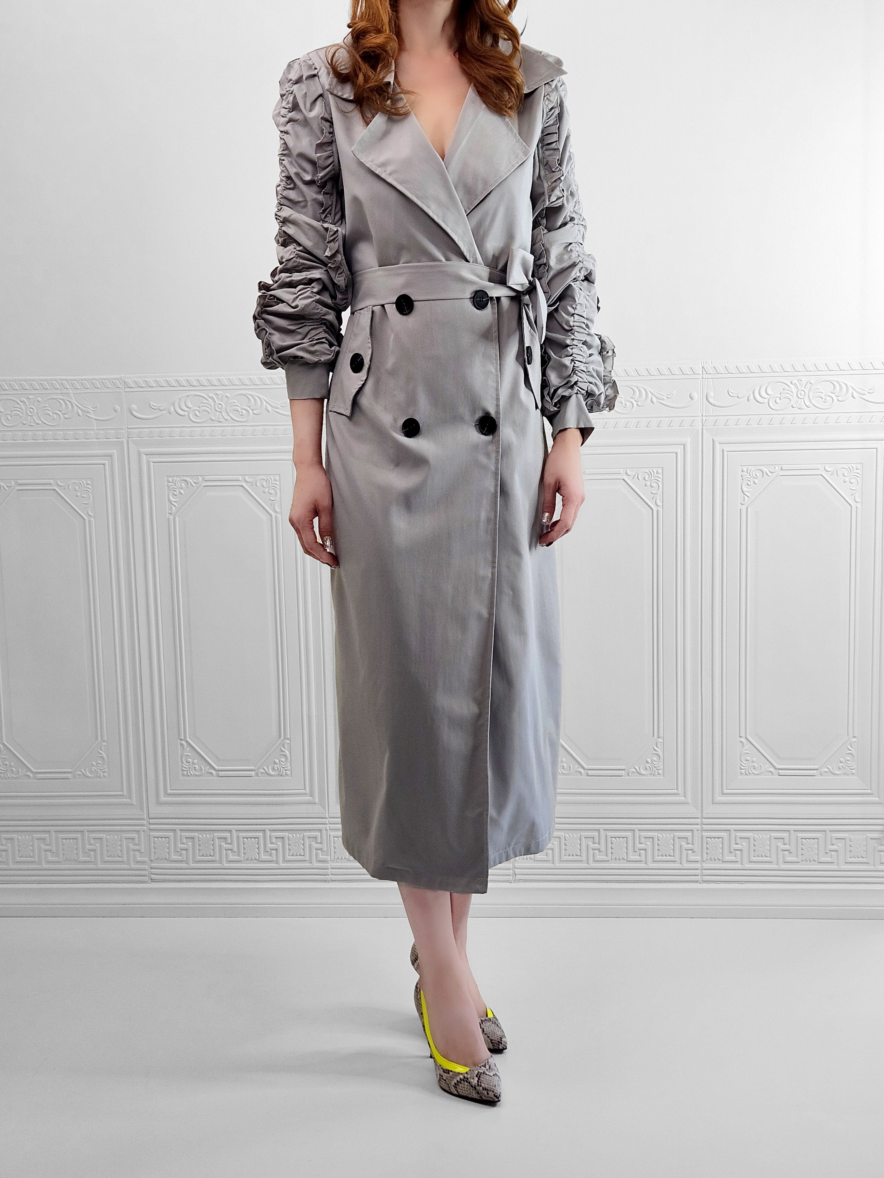 Trendy Ruched Puff Sleeve Trench Coat: Double-breasted with Waist Belt