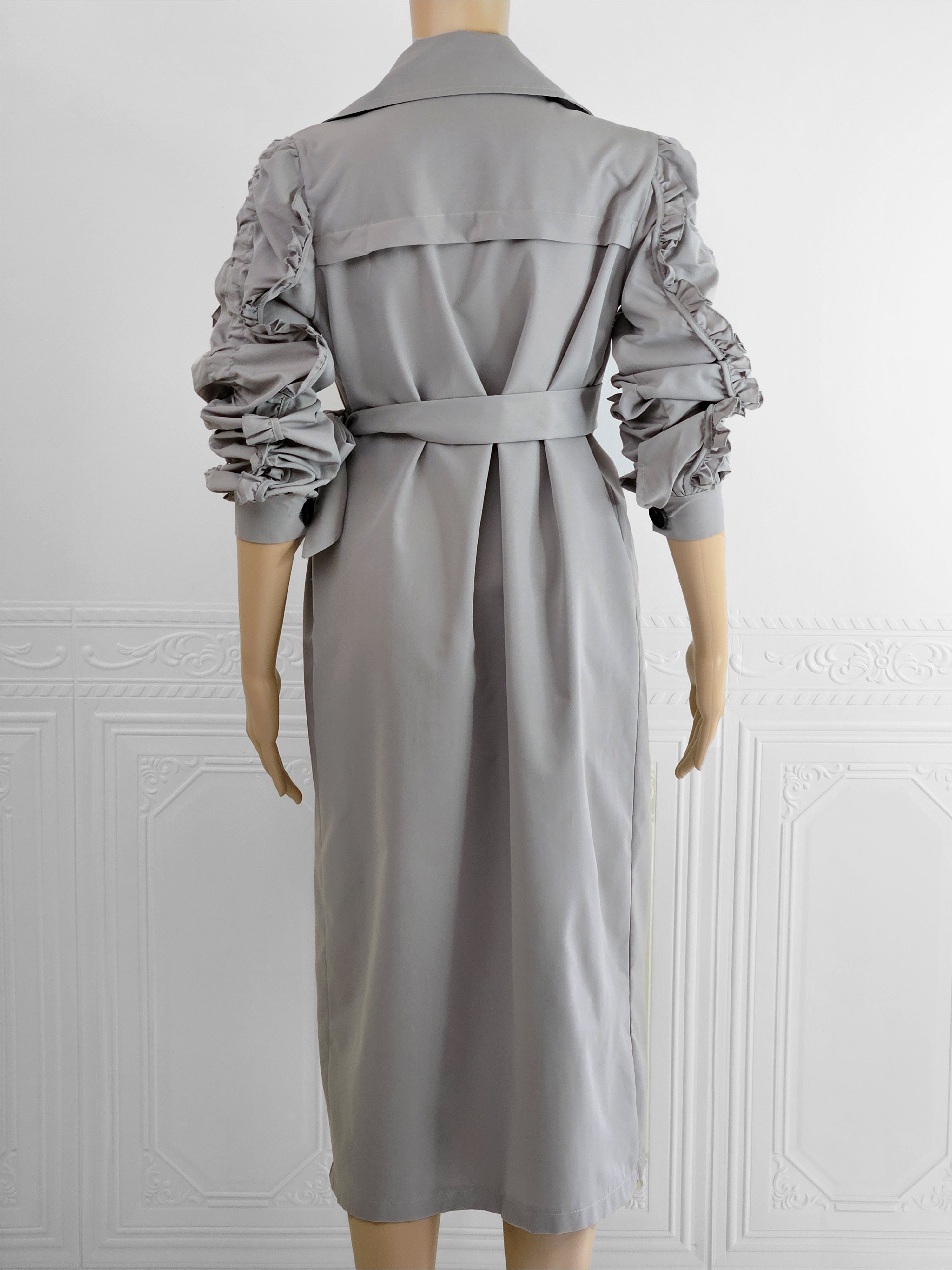 Trendy Ruched Puff Sleeve Trench Coat: Double-breasted with Waist Belt
